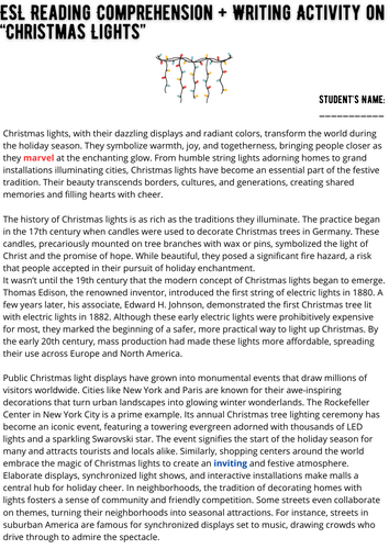 ESL Reading Comprehension + Writing Activity Worksheets on "Christmas ...