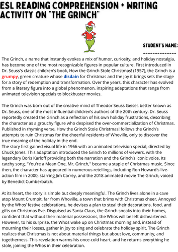 ESL Reading Comprehension + Writing Activity Worksheets on "The Grinch ...