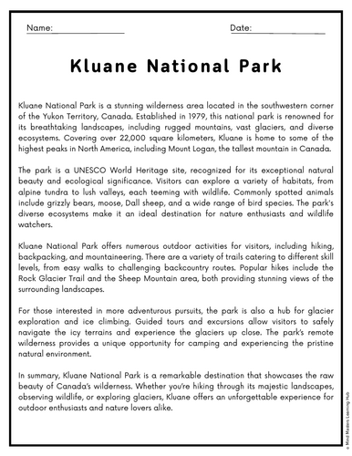 Kluane National Park - Canada's National Parks Reading Comprehension ...