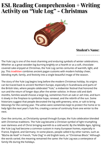 ESL Reading Comprehension + Writing Activity Worksheets - Yule Log ...