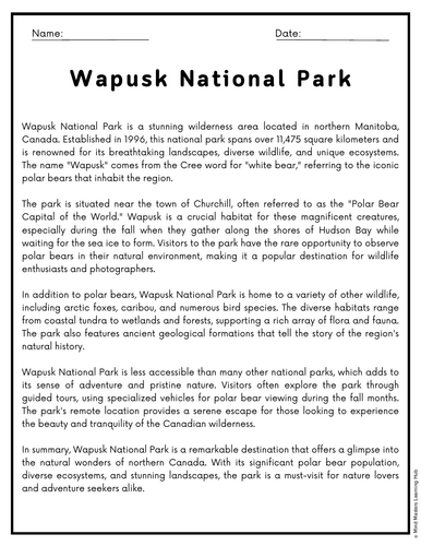 Wapusk National Park - Canada's National Parks Reading Comprehension ...