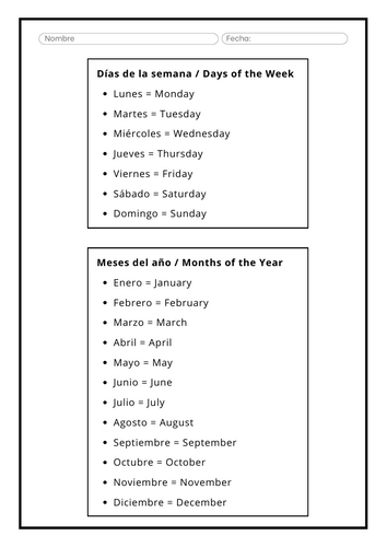 Días de la Semana y Meses del Año en Español | Spanish Activities and ...