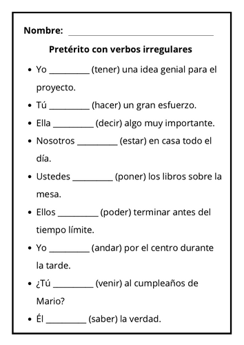 Spanish Preterite Tense Worksheets – Irregular Verb Practice for All ...