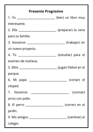 Spanish Present Progressive Worksheets – Printable Grammar Activities ...