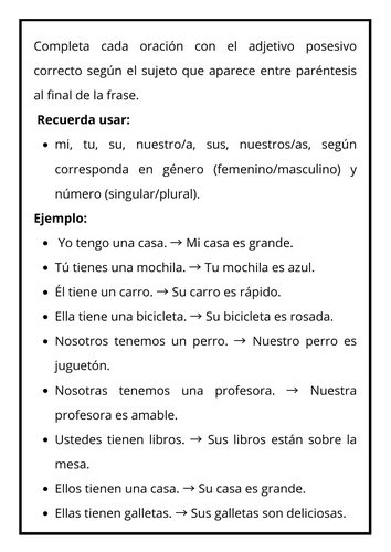 Spanish Possessive Adjectives |Printable Writing Activities - Spanish ...