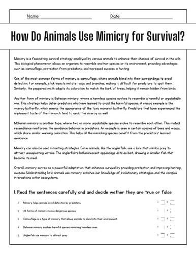 How Do Animals Use Mimicry for Survival?: Reading Comprehension ...