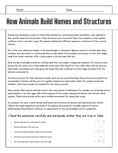 How Animals Build Homes and Structures: Reading Comprehension Passages ...