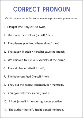 Printable Reflexive and Intensive Pronouns Grammar Worksheets for Grade ...