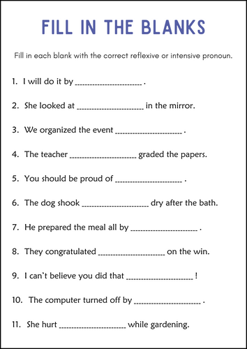 Printable Reflexive and Intensive Pronouns Grammar Worksheets for Grade ...