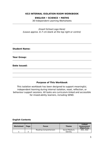 KS3 Internal Isolation Room Mega Pack – 30 Worksheets (English, Science ...