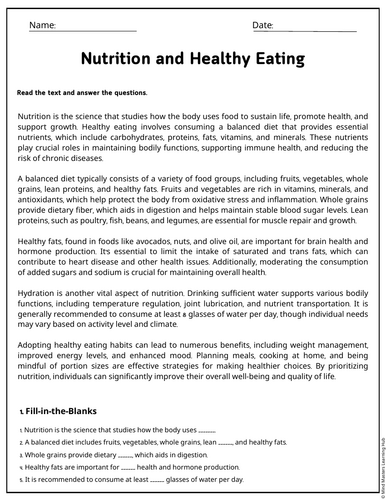 Nutrition and Healthy Eating Reading Comprehension Passages & Questions ...