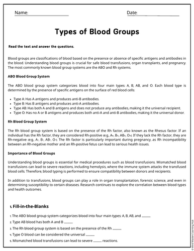 Types of Blood Groups Reading Comprehension Passages & Questions ...
