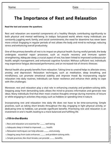 The Importance of Rest and Relaxation Reading Comprehension Passages ...