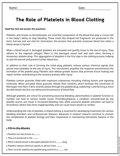The Role of Platelets in Blood Clotting Reading Comprehension Passages ...