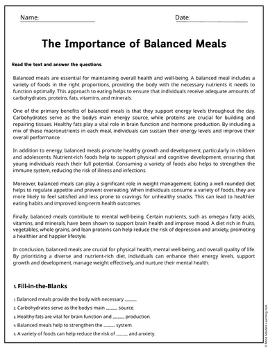 The Importance of Balanced Meals Reading Comprehension Passages ...