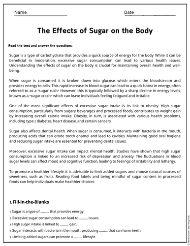 The Effects of Sugar on the Body Reading Comprehension Passages ...