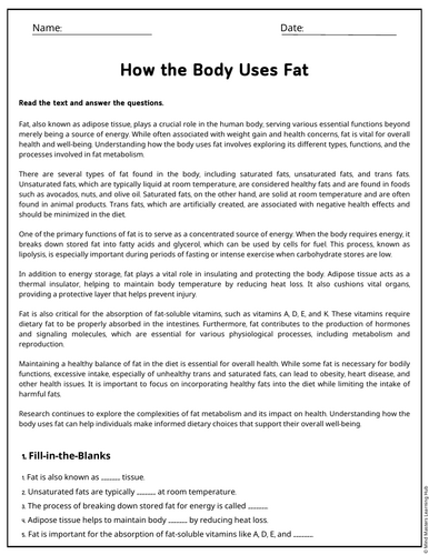 How the Body Uses Fat Reading Comprehension Passages & Questions ...