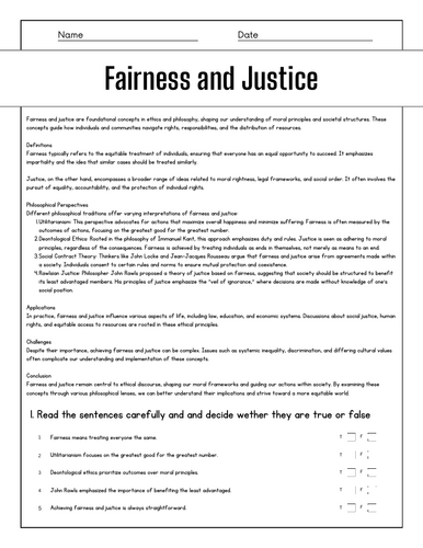Fairness and Justice: Reading Comprehension Passages & Questions ...