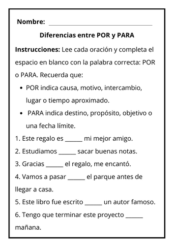 Spanish Por vs Para Worksheet | Printable Grammar Practice | All Ages ...