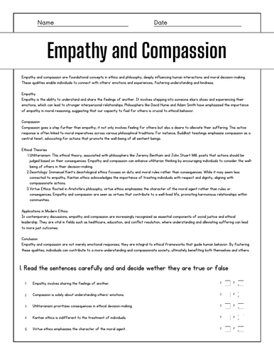 Empathy and Compassion: Reading Comprehension Passages & Questions ...