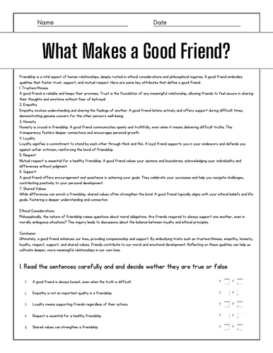 What Makes a Good Friend?: Reading Comprehension Passages & Questions ...