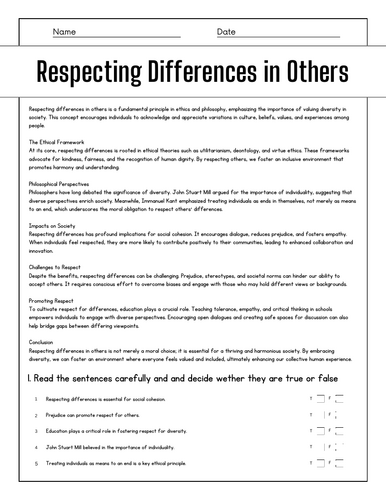 Respecting Differences in Others: Reading Comprehension Passages & Questions Worksheets ...