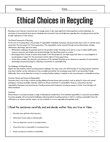 Ethical Choices in Recycling: Reading Comprehension Passages ...