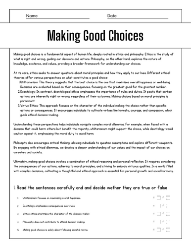 Making Good Choices: Reading Comprehension Passages & Questions ...