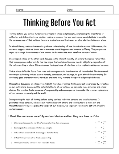 Thinking Before You Act: Reading Comprehension Passages & Questions ...