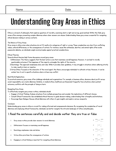 Understanding Gray Areas in Ethics: Reading Comprehension Passages ...