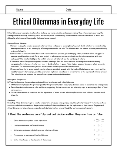 Ethical Dilemmas in Everyday Life: Reading Comprehension Passages ...