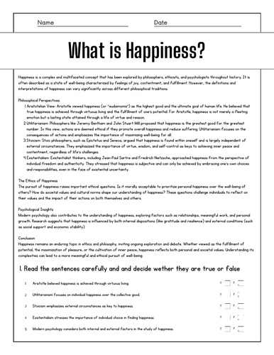 What is Happiness?: Reading Comprehension Passages & Questions ...