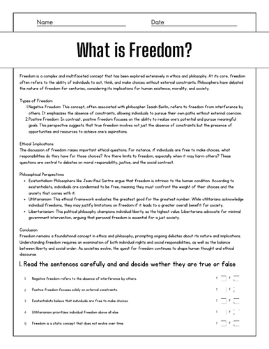 What is Freedom?: Reading Comprehension Passages & Questions Worksheets ...