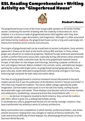 ESL Reading Comprehension + Writing Activity - Gingerbread House ...