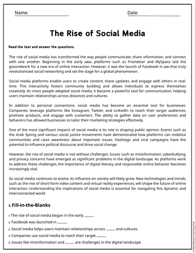 The Rise of Social Media Reading Comprehension Passages & Questions ...