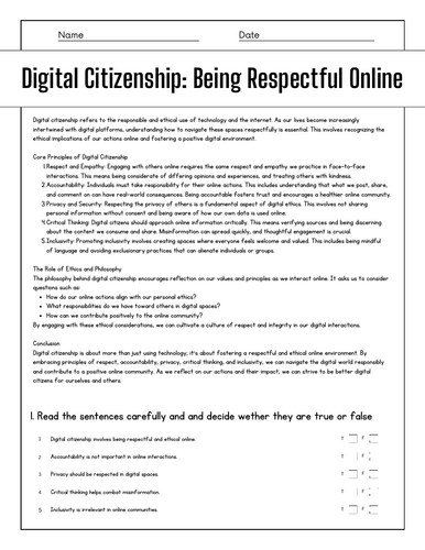 Digital Citizenship: Being Respectful Online: Reading Comprehension ...
