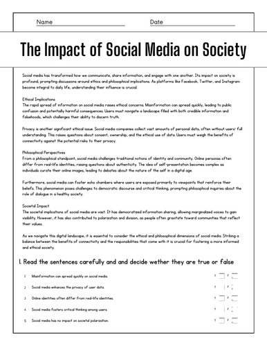 The Impact of Social Media on Society: Reading Comprehension Passages ...