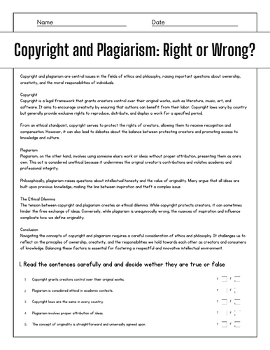 Copyright and Plagiarism: Right or Wrong?: Reading Comprehension ...