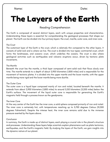 The Layers of the Earth: Reading Comprehension Passages & Questions ...