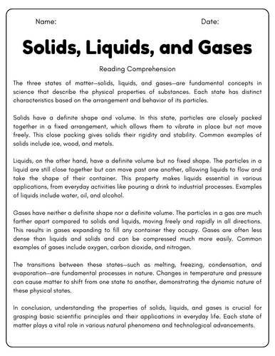 Solids, Liquids, and Gases: Reading Comprehension Passages & Questions ...