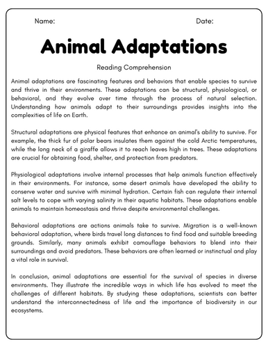 Animal Adaptations: Reading Comprehension Passages & Questions ...
