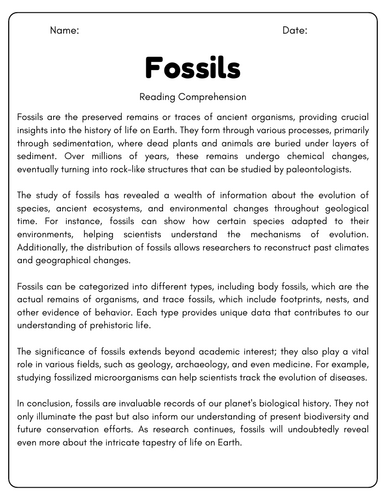 Fossils: Reading Comprehension Passages & Questions Worksheets ...
