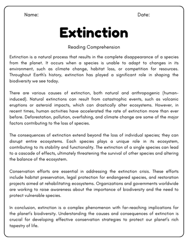 Extinction: Reading Comprehension Passages & Questions Worksheets ...