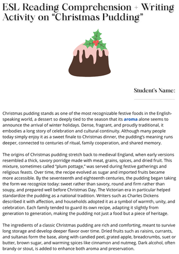 ESL Reading Comprehension + Writing Activity Worksheets on Christmas ...