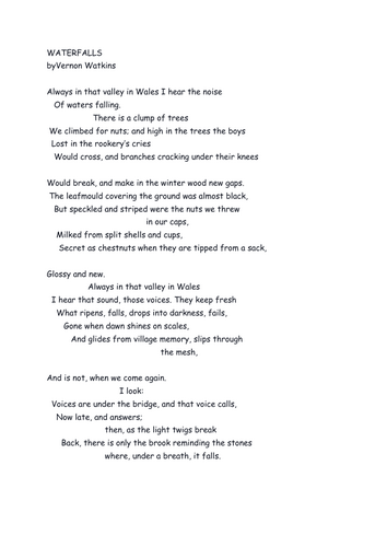 WJEC/GCSE ENGLISH LITERATURE "Waterfalls" by Vernon Watkins: A* ...