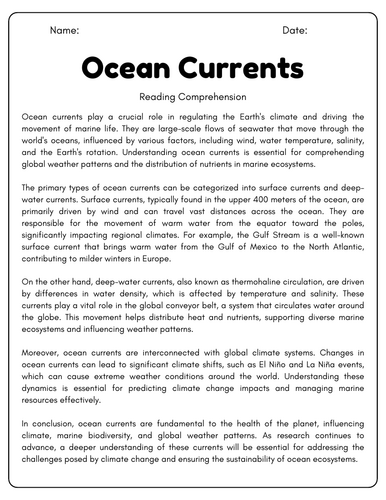 Ocean Currents: Reading Comprehension Passages & Questions Worksheets ...