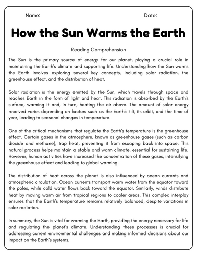 How the Sun Warms the Earth: Reading Comprehension Passages & Questions ...