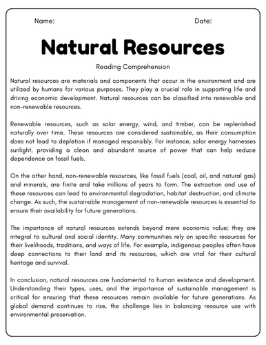 Natural Resources: Reading Comprehension Passages & Questions ...