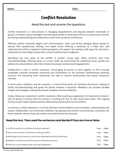 Conflict Resolution - Reading Comprehension Passages & Questions ...