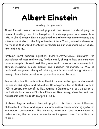 Albert Einstein: Reading Comprehension Passages & Questions Worksheets ...